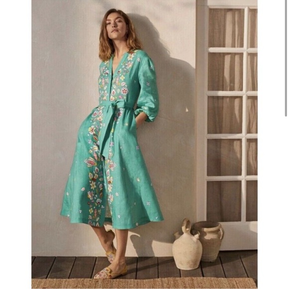 Boden | Dresses | Boden Womens 8r Addie Green Floral Linen Beautiful ...